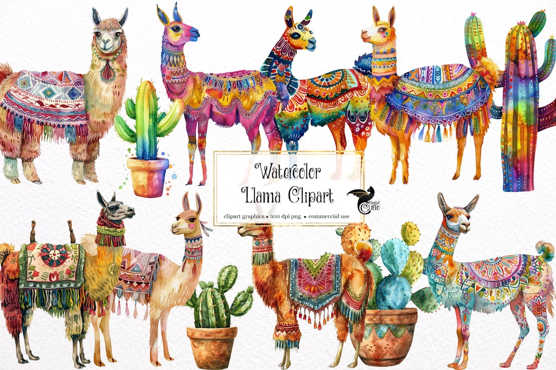 Watercolor Llama Clipart - Cute Llama and Alpaca Clipart With Cactus ...