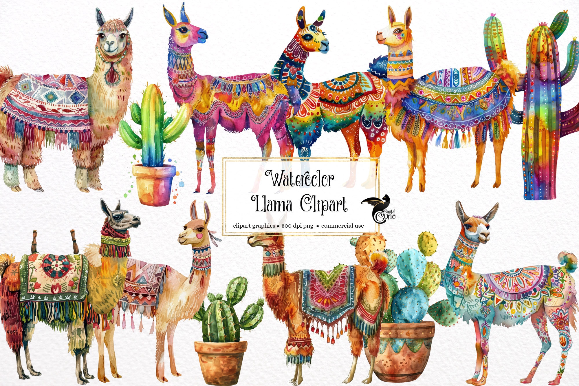 Watercolor Llama Clipart - Cute Llama and Alpaca Clipart With Cactus ...
