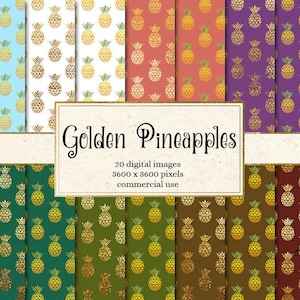 Pineapple Digital Paper - Gold Pineapples, Gold Foil Tropical Hawaiian ...