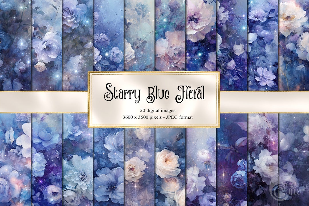 Starry Blue Floral Digital Paper, Celestial Digital Paper Fantasy ...