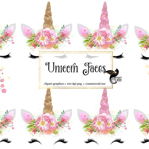 Unicorn Faces Clipart Rainbow Pink and Gold Watercolor - Etsy