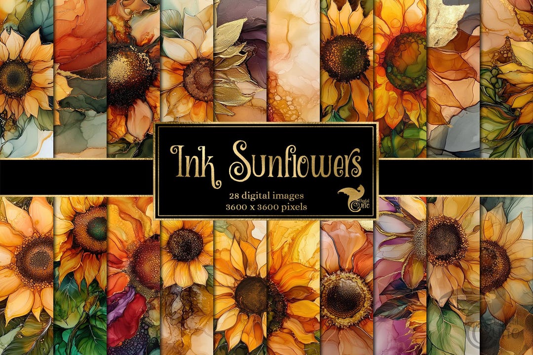 Ink Sunflowers Digital Paper - Alcohol Ink Textures for Fall, Autumn ...