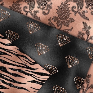Black and Rose Gold Glam Digital Paper, Seamless Rose Gold and Black ...
