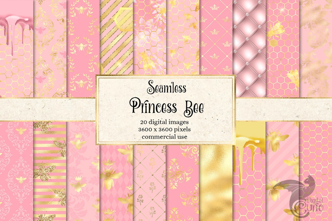 Princess Bee Digital Paper, Blush Pink and Gold Honey Bee Seamless ...