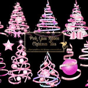 Pink Glam Ribbon Christmas Tree Clip Art - Digital Holiday Glitter Png ...
