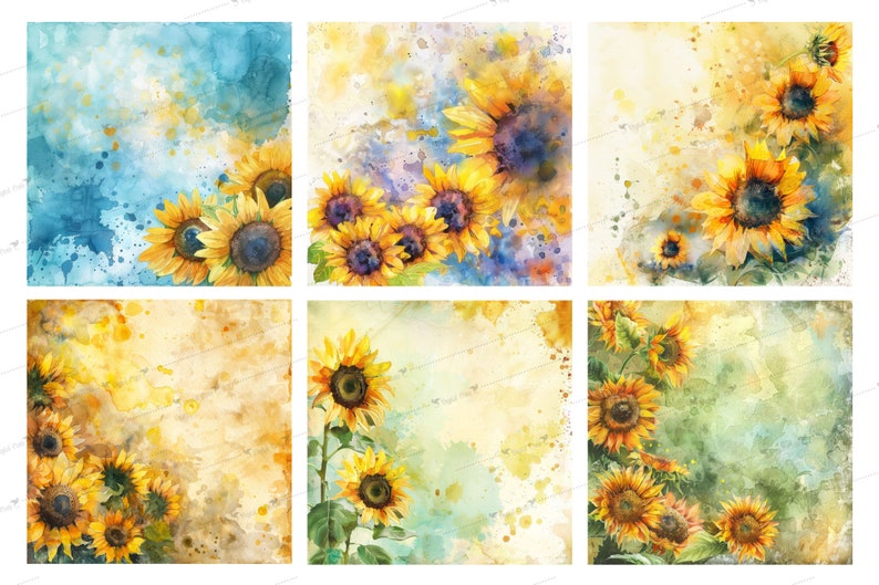 Watercolor Sunflower Backgrounds, Watercolour Wash Digital Paper ...