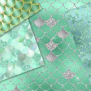 Aqua Mermaid Digital Paper, Mermaid Scales, Mermaid Glitter Seamless ...