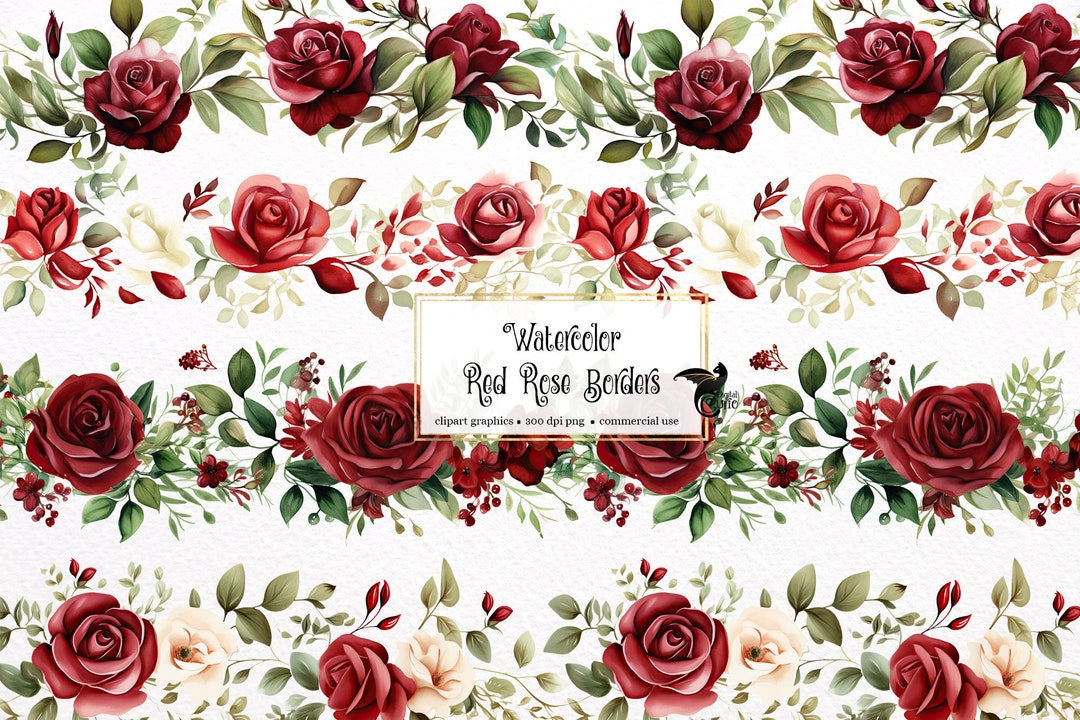Watercolor Red Rose Borders Clipart - Seamless Roses and Leaves in PNG ...