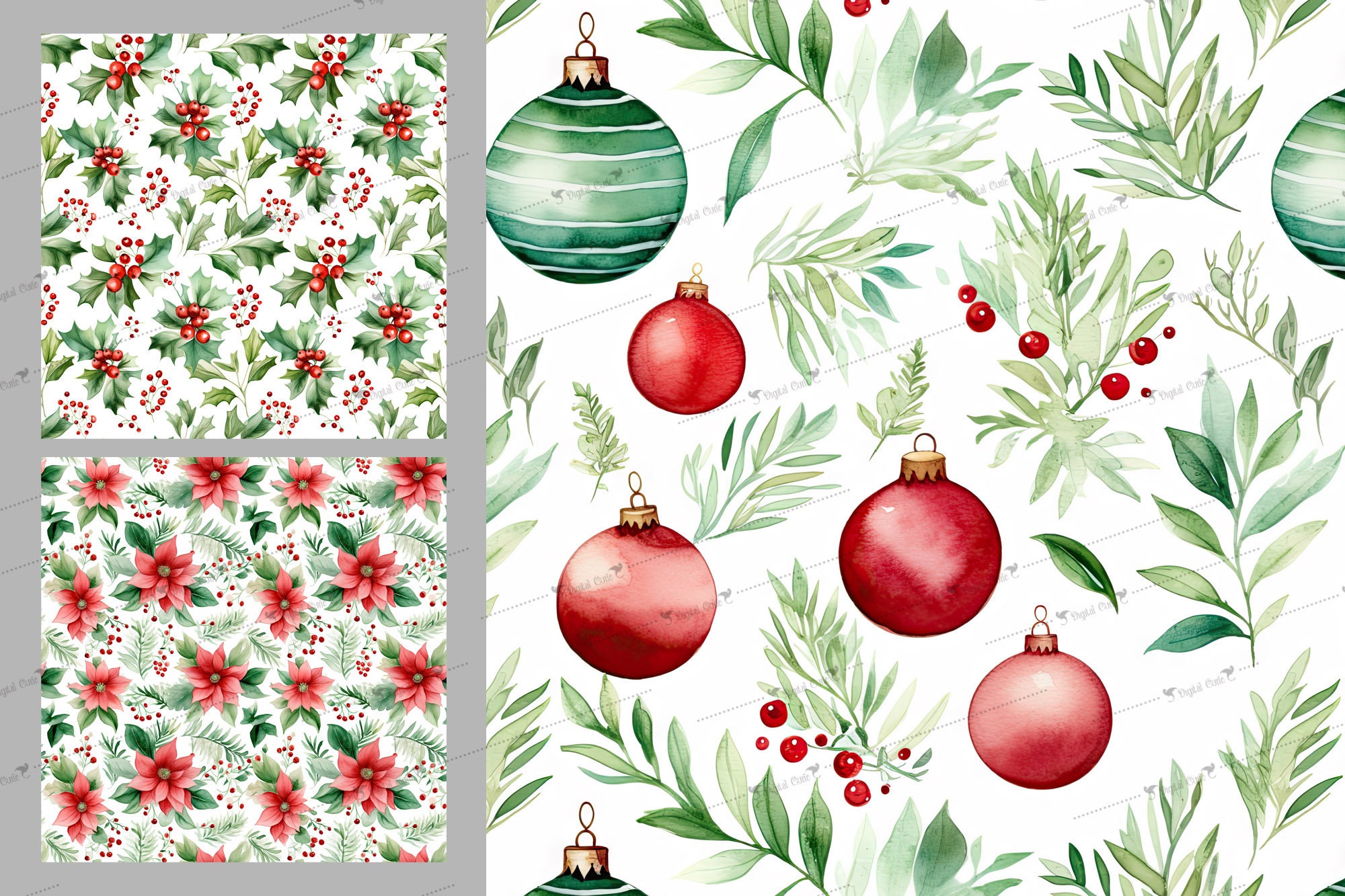 Watercolor Christmas Paper, Seamless Holiday Patterns (digital Download ...