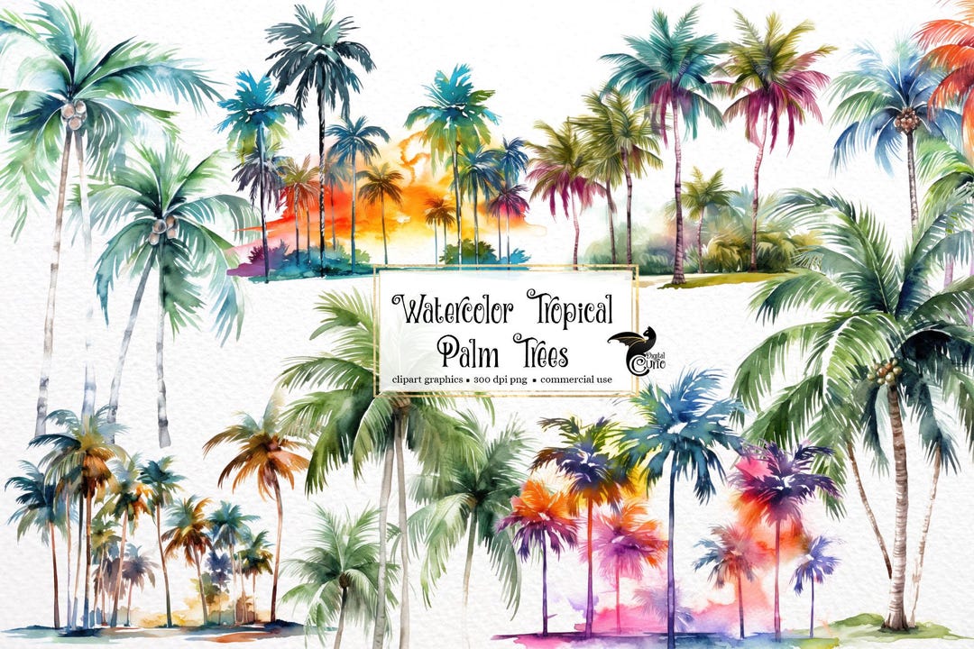 Watercolor Tropical Palm Trees Clipart - Sunset Island PNG Format ...