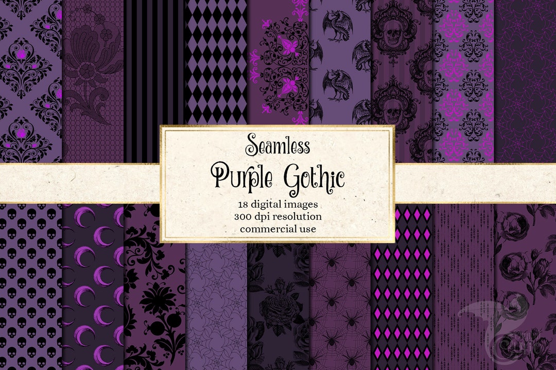 Purple Gothic Digital Paper, Seamless Skull Damask Halloween Patterns ...