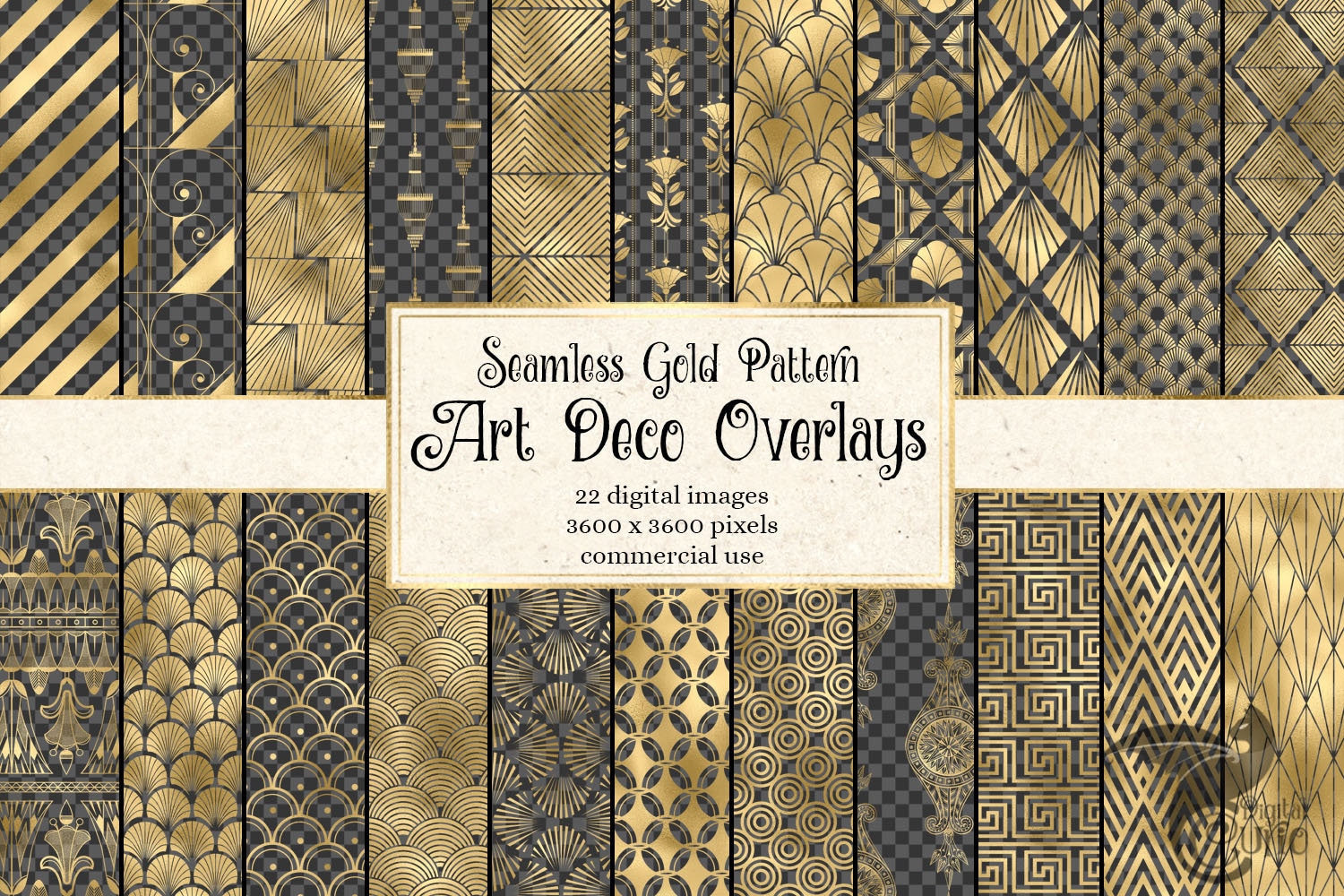 Gold Art Deco Pattern Overlays, Digital PNG Seamless Patterns in Retro ...