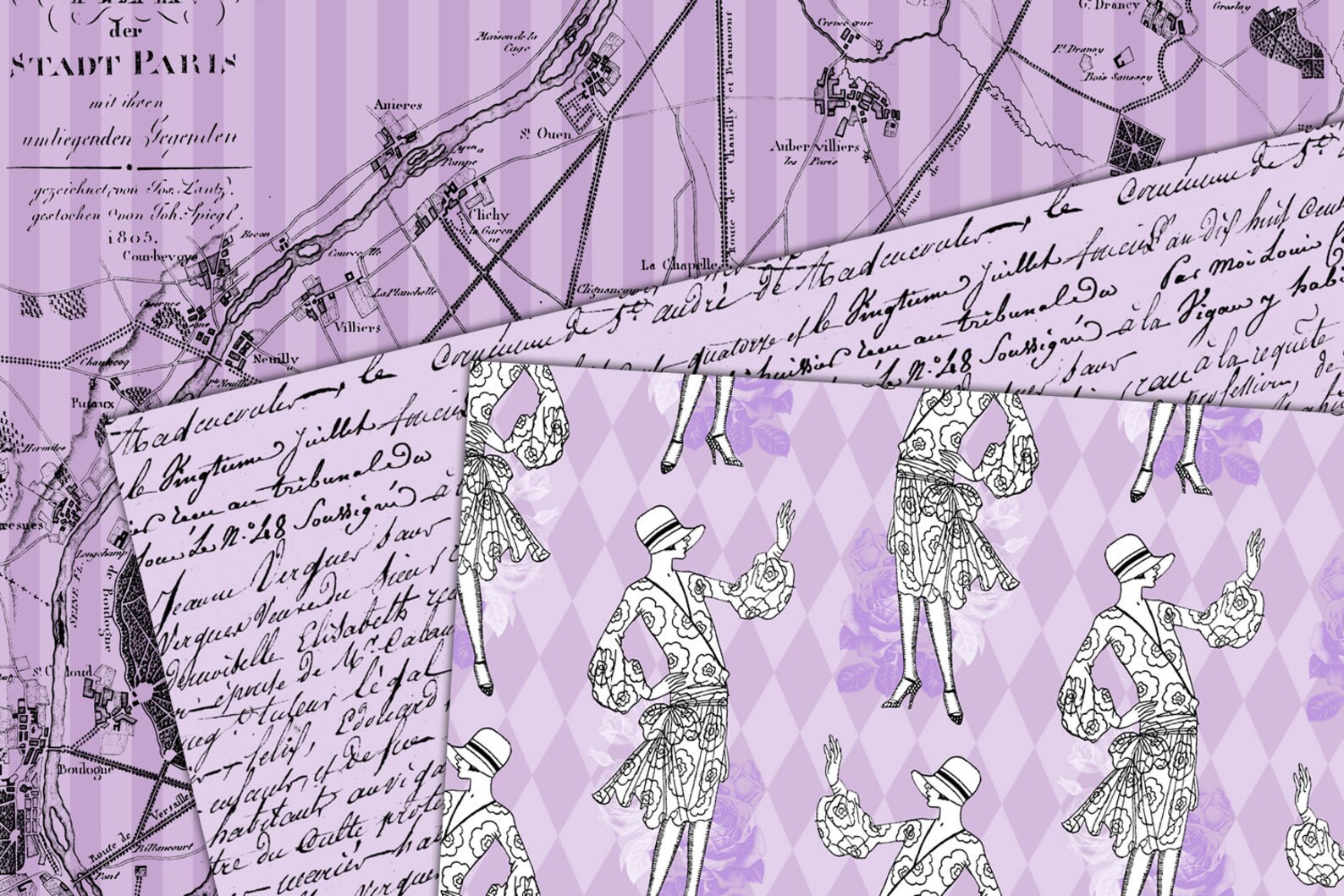Purple Paris Digital Paper Seamless French Patterns With - Etsy
