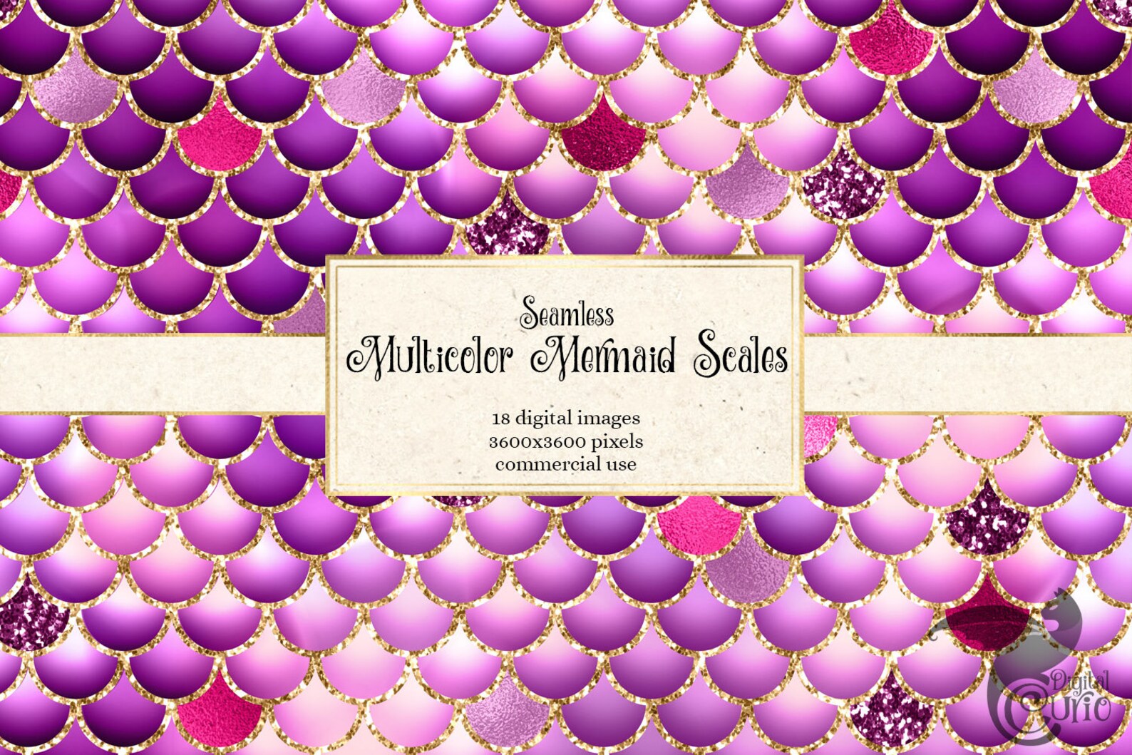 Multicolor Mermaid Scales Digital Paper, Gold Glitter (digital Download ...