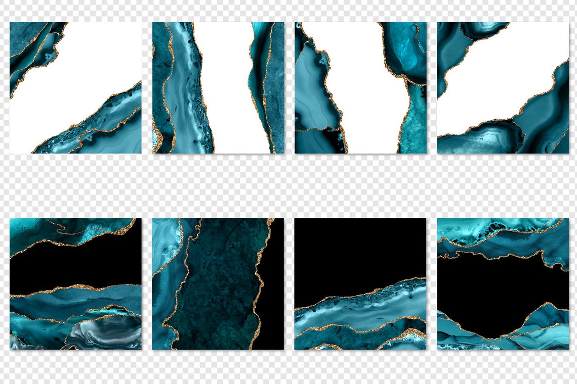 Teal and Gold Agate Borders Digital Watercolor Geode PNG | Etsy Canada