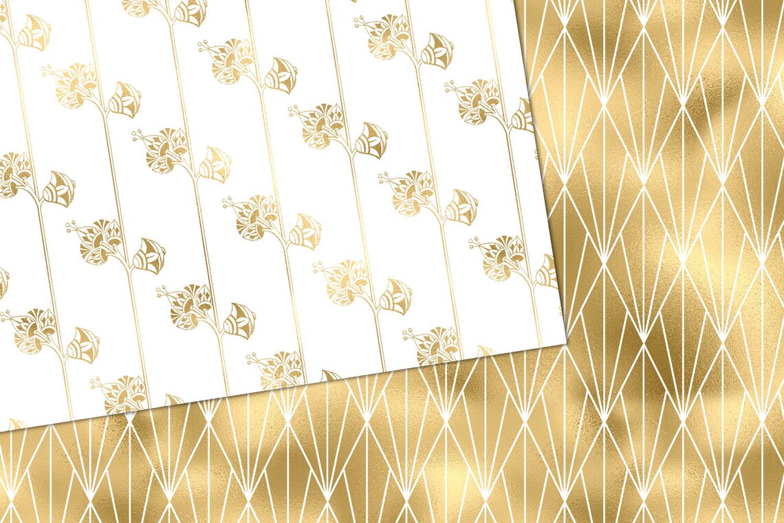 White and Gold Art Deco Digital Paper, Seamless Geometric Patterns ...