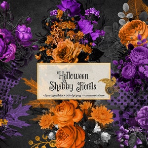 Halloween Shabby Floral Clip Art, Black and Orange Digital Gothic ...