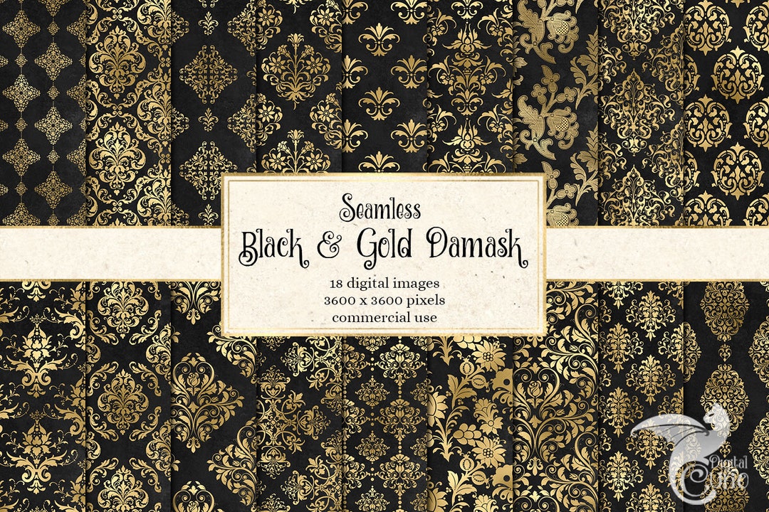 Black and Gold Damask Digital Paper, Seamless Patterns (digital ...