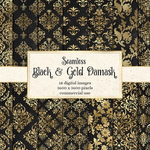 Black and Gold Damask Digital Paper, Seamless Damask Patterns Printable ...