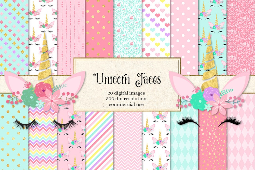 Unicorn Faces Digital Papers and Clipart, Rainbow Pastel Unicorn ...