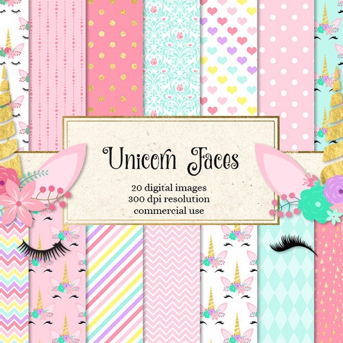 Unicorn Faces Digital Papers and Clipart Rainbow Pastel - Etsy