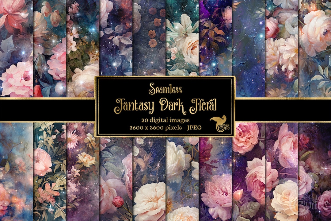Fantasy Dark Floral Digital Paper, Seamless Flower Printable Oil Paint ...