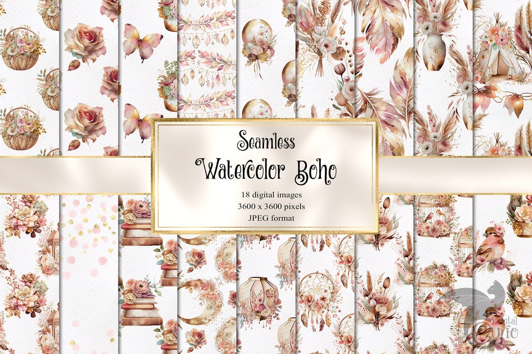 Watercolor Boho Digital Paper - Seamless Cute Boho Patterns Instant ...