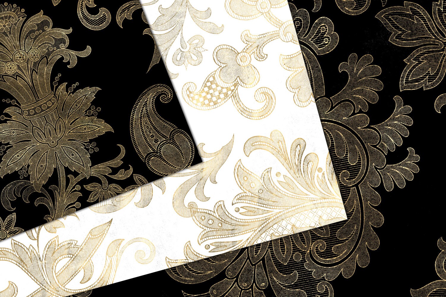 Gold Floral Damask Digital Paper, Black & White Patterns (digital ...