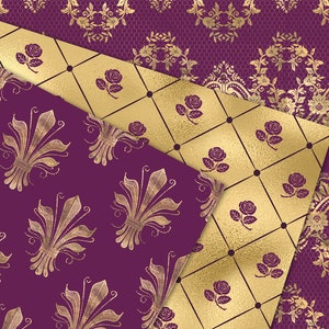 Victorian Purple and Gold Digital Paper, Ornate Seamless Patterns With ...