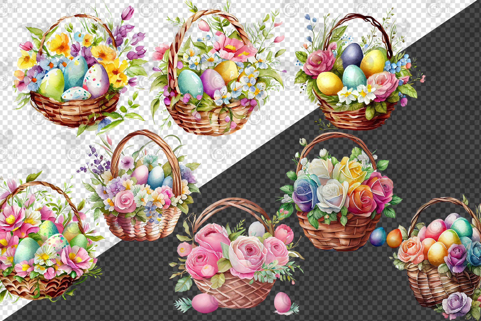 Watercolor Easter Baskets Clipart – Floral Egg Designs (PNG Format ...