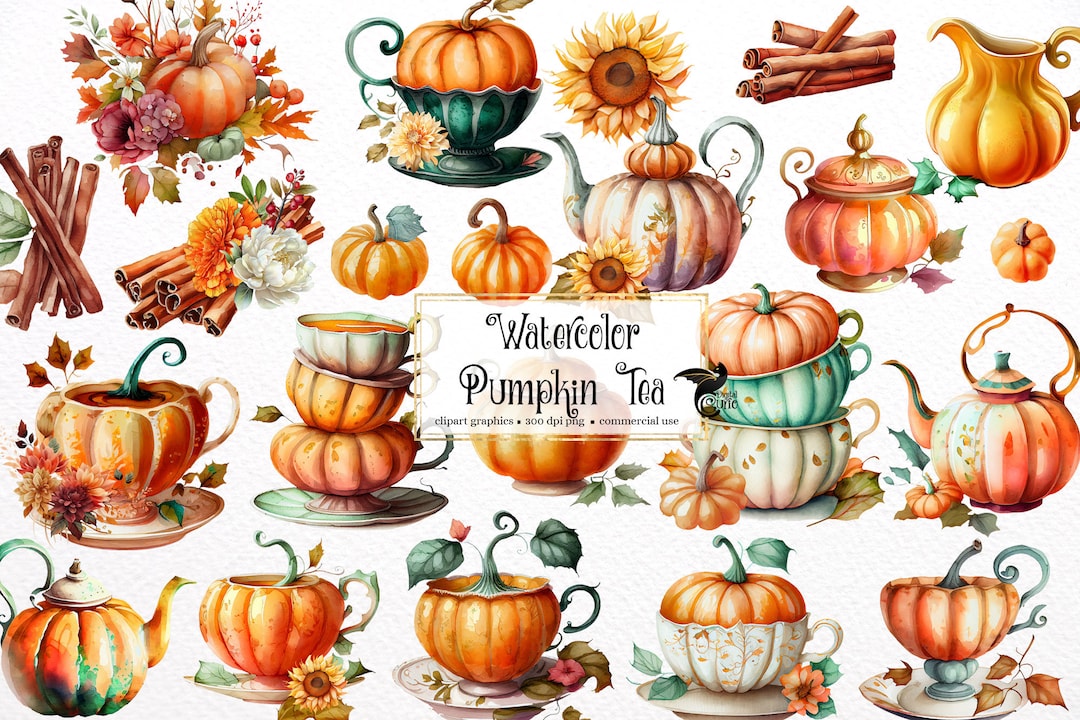 Watercolor Pumpkin Tea Clipart, Autumn and Fall Holiday Tea Cups ...