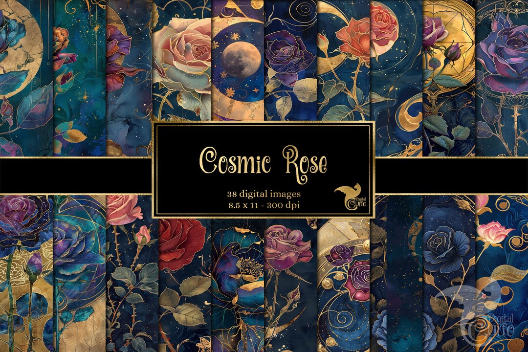 Cosmic Rose Journal Paper, Notebook Digital Paper Art Nouveau Fantasy ...