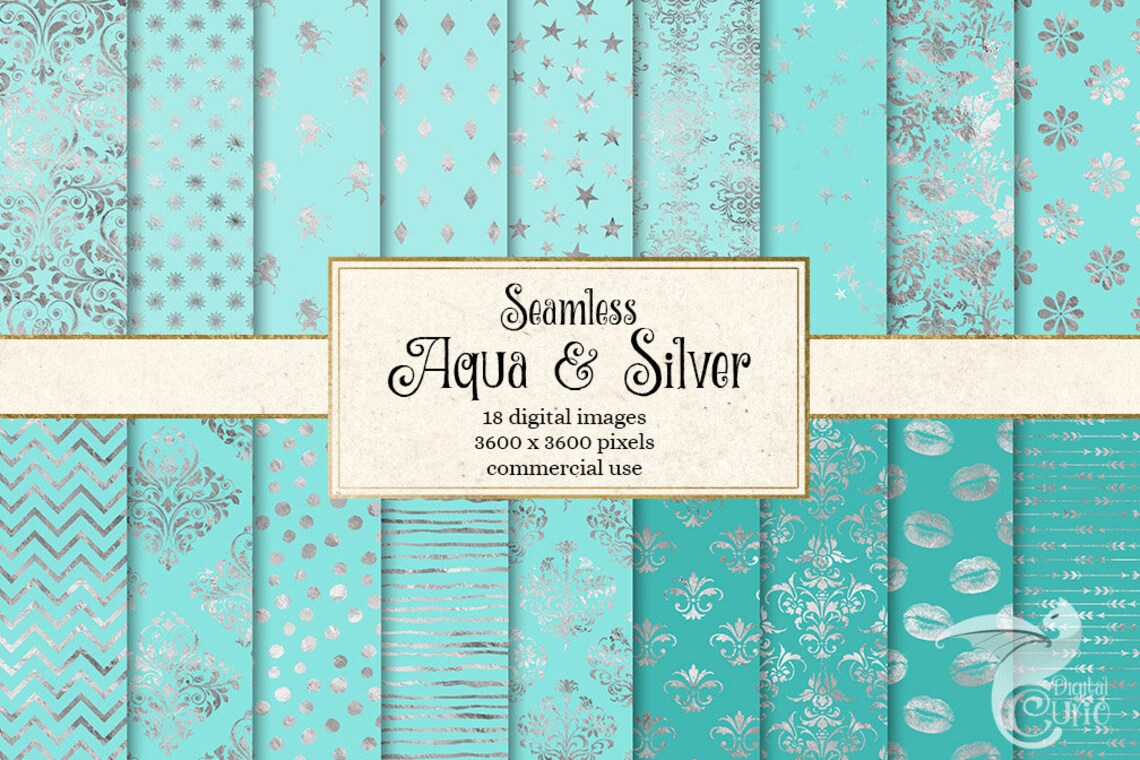 Aqua and Silver Digital Paper Seamless Silver Foil Turquoise | Etsy