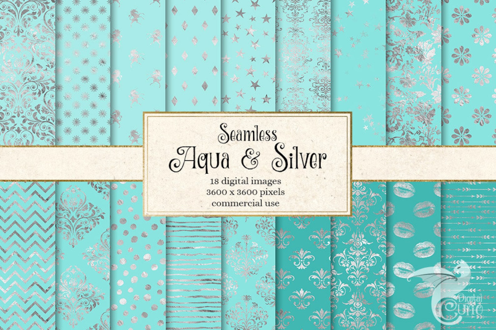 Aqua and Silver Digital Paper Seamless Silver Foil Turquoise | Etsy