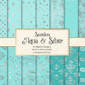 Aqua and Silver Digital Paper, Seamless Silver Foil Turquoise Wedding ...