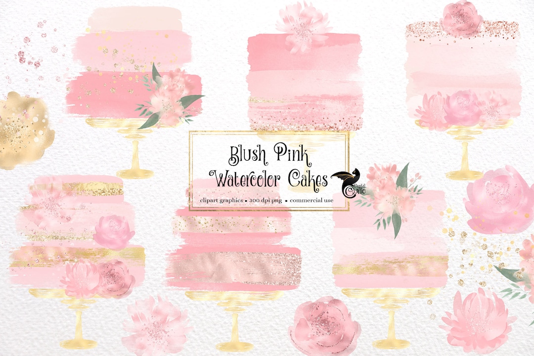 Blush Pink Watercolor Cakes Clip Art With Gold Glitter Leaves and ...