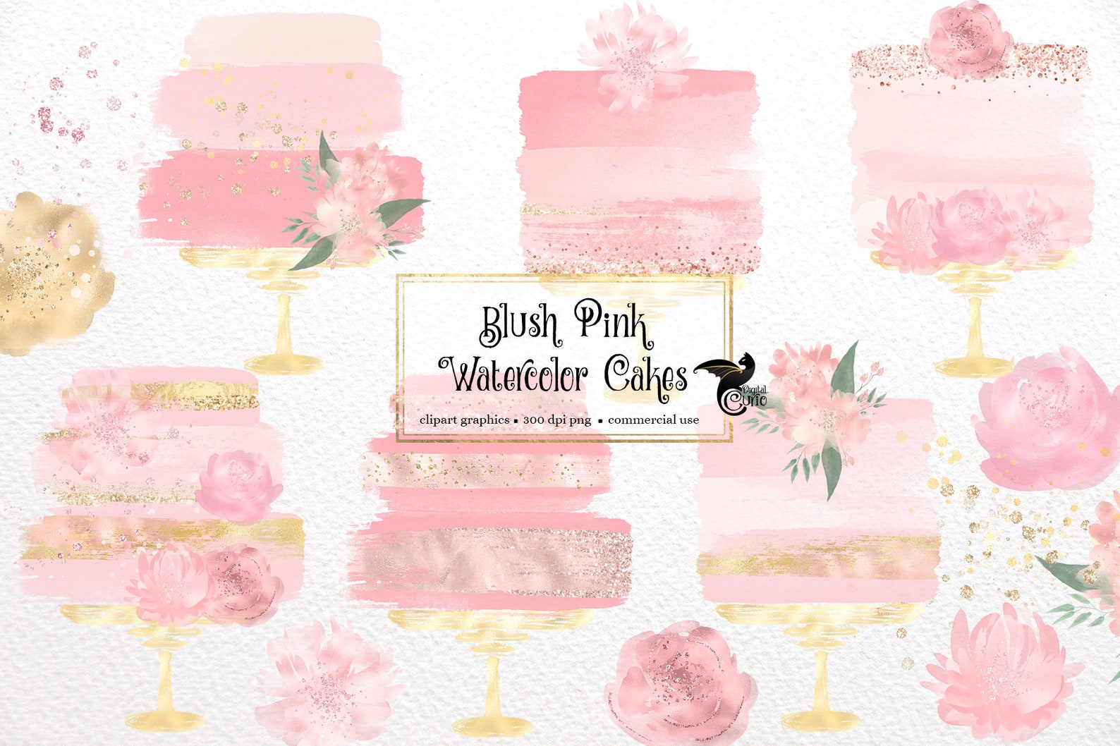 Blush Pink Watercolor Cakes Clip Art With Gold Glitter Leaves - Etsy