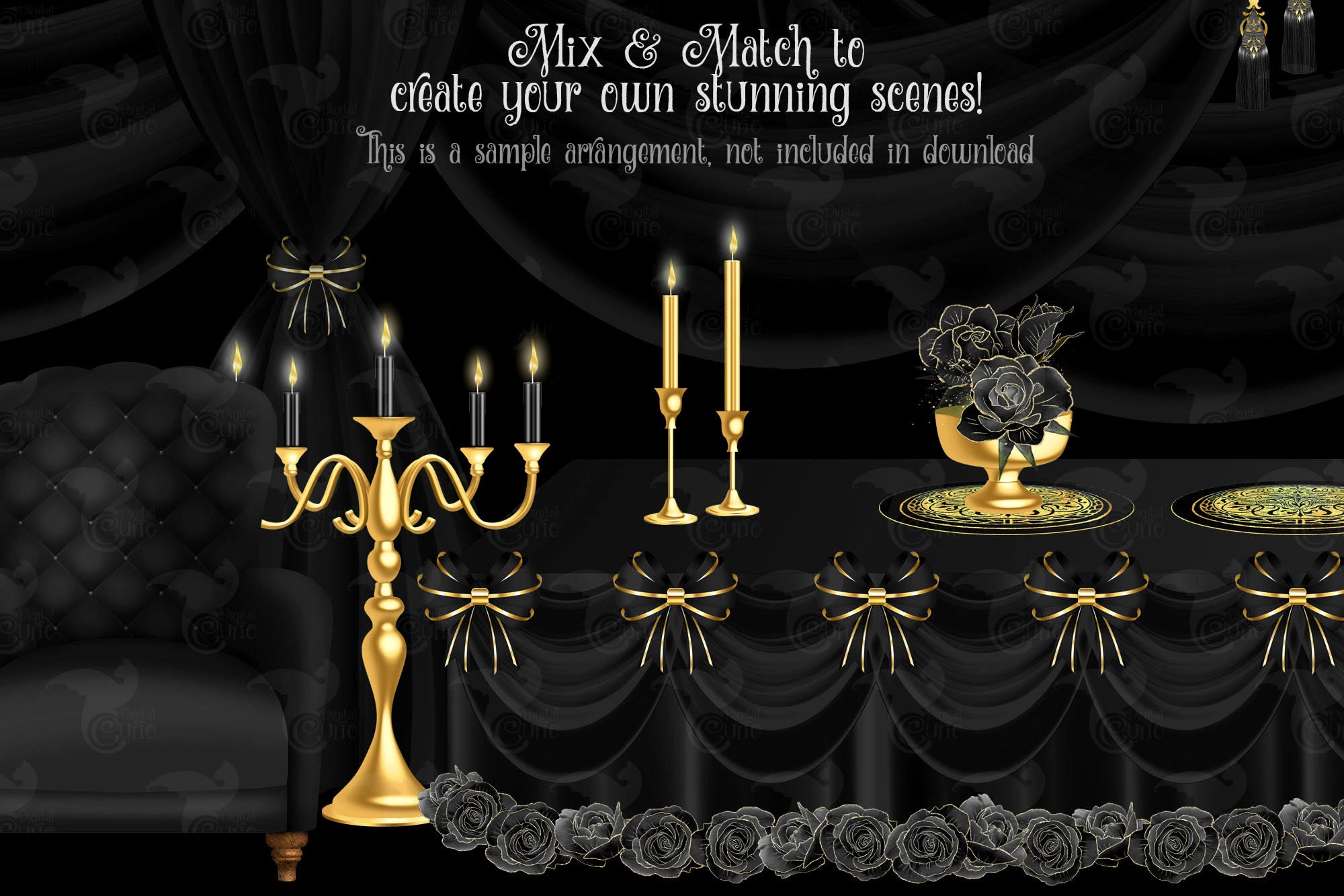 Black and Gold Tables Clipart Digital Wedding Banquet Scene - Etsy