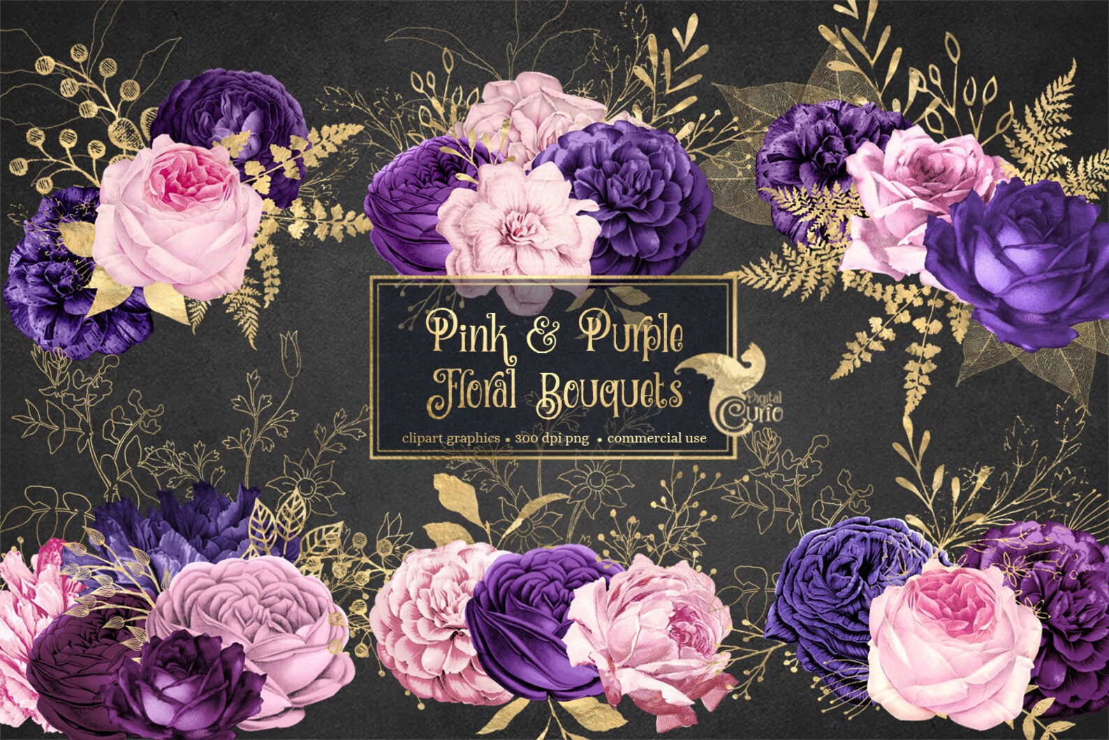 Pink and Purple Floral Bouquets Clipart Digital Instant - Etsy