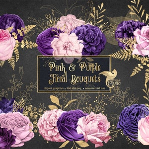 Pink and Purple Floral Bouquets Clipart, Digital Instant Download Pink ...