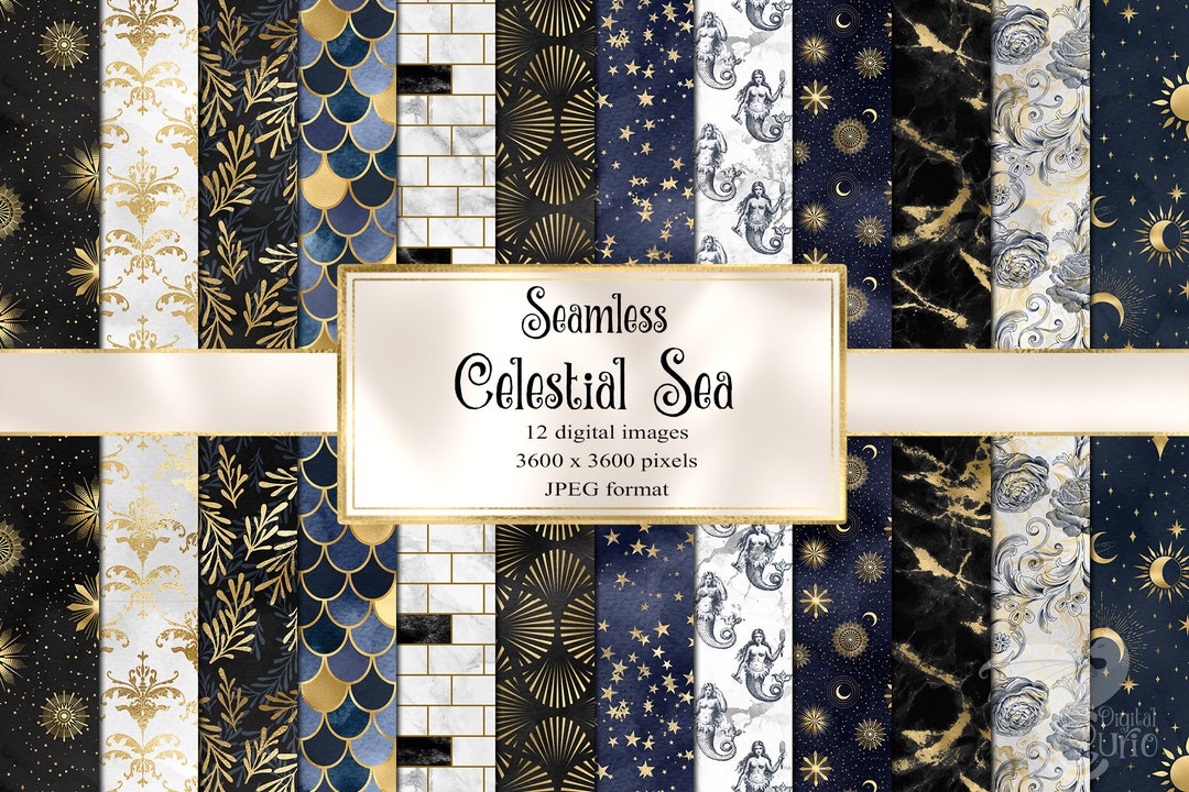 Celestial Sea Digital Paper - Seamless Nautical Mermaid Celestial ...