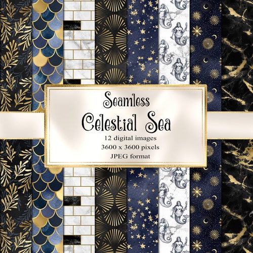 Celestial Sea Digital Paper Seamless Nautical Mermaid - Etsy