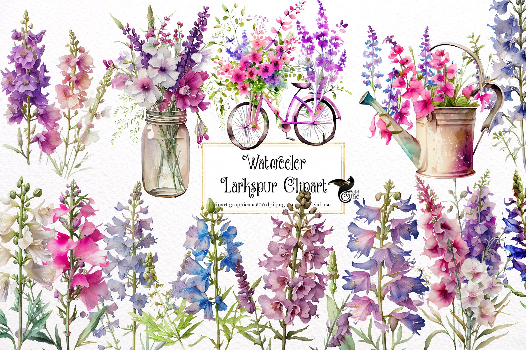 Watercolor Larkspur Clipart - Spring Wedding Flowers in PNG Format ...