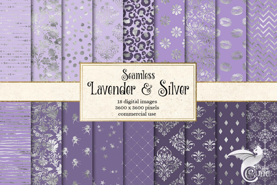 Lavender and Silver Digital Paper, Purple Seamless Silver Foil Patterns ...