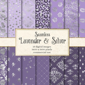 Lavender and Silver Digital Paper, Purple Seamless Silver Foil Patterns ...