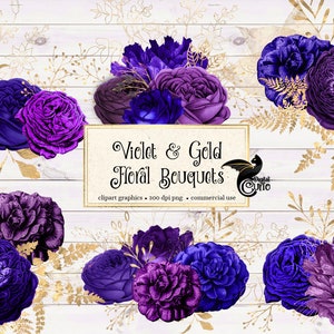 Violet and Gold Floral Bouquets Clipart, Digital Instant Download ...