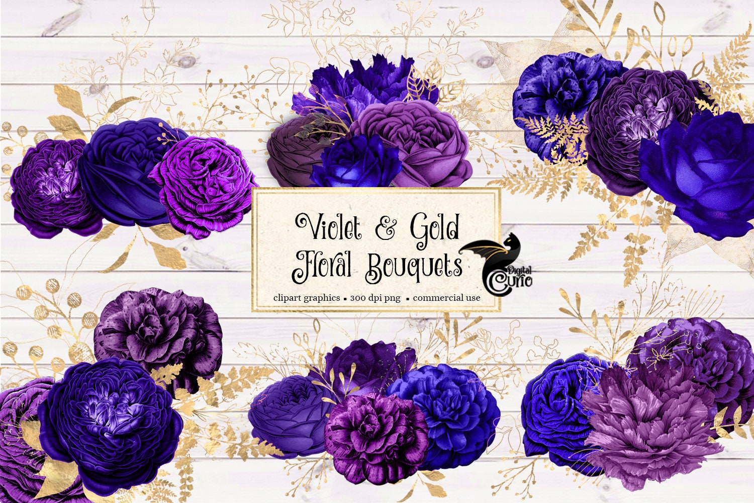Violet and Gold Floral Bouquets Clipart Digital Instant - Etsy