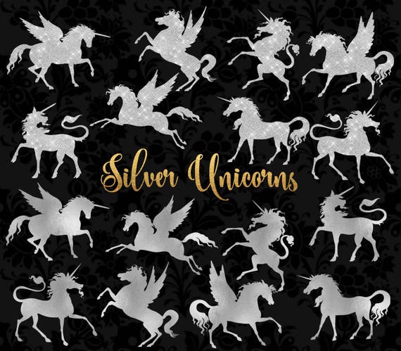 Silver Unicorns Clipart silver glitter unicorn clip art | Etsy
