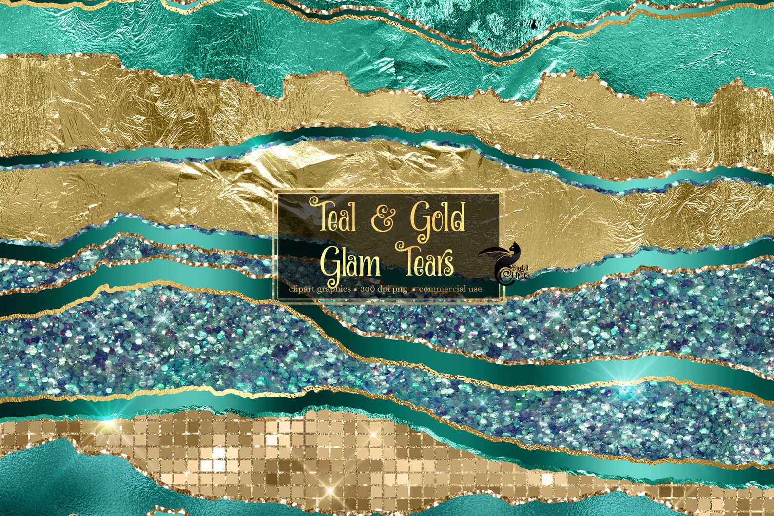 Teal and Gold Glam Tears Clipart Glitter and Foil Metallic | Etsy