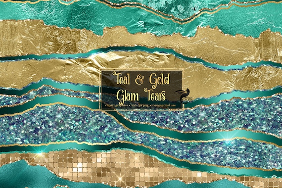 Teal and Gold Glam Tears Clipart Glitter and Foil Metallic | Etsy